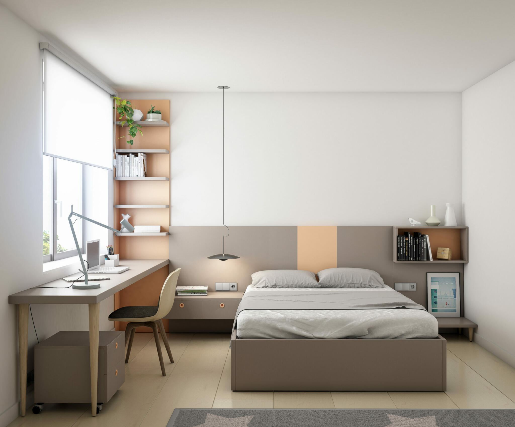 Dormitorio juvenil con cama abatible. Estudio de día. Descanso de noche ...